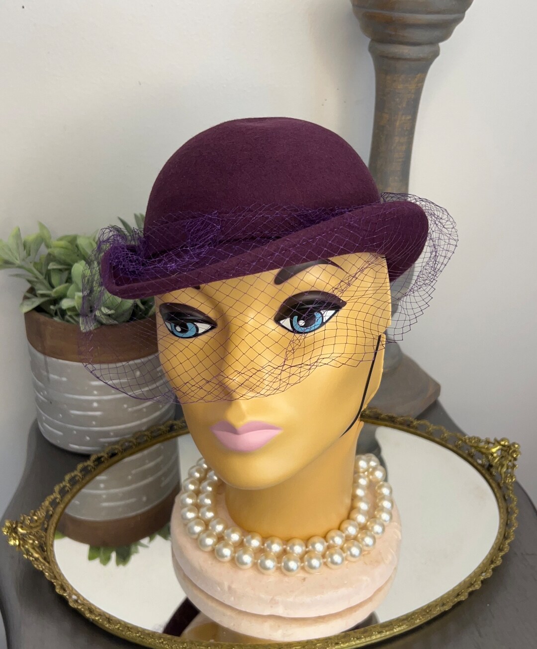 Vintage 1950s Purple Wool Hat With Mesh Netted Veil and Chin Strap ...