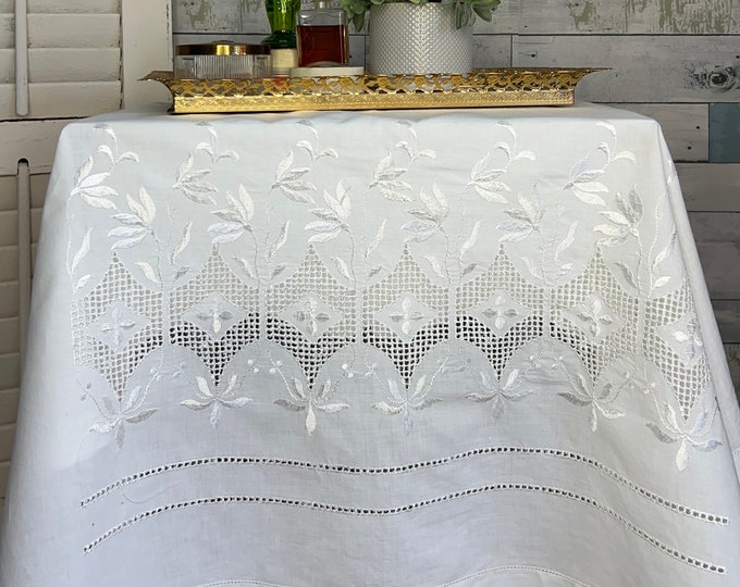Vintage White Linen Tablecloth, Embroidered Floral Table Runner ...