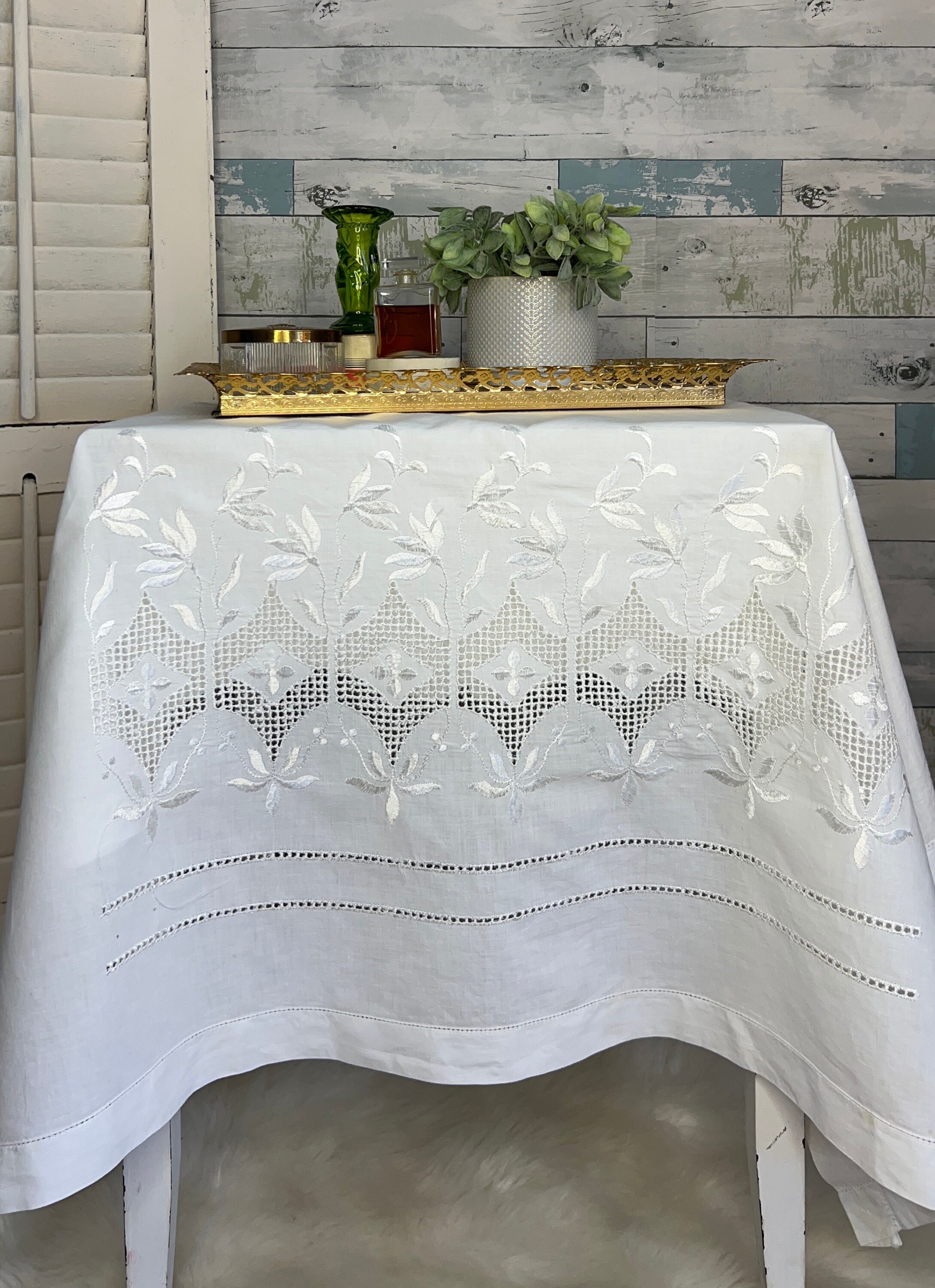 Vintage White Linen Tablecloth, Embroidered Floral Table Runner ...