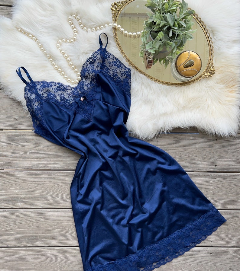 Vintage Navy Blue Slip Dress, Sliperfection Navy Blue Nylon and Lace ...