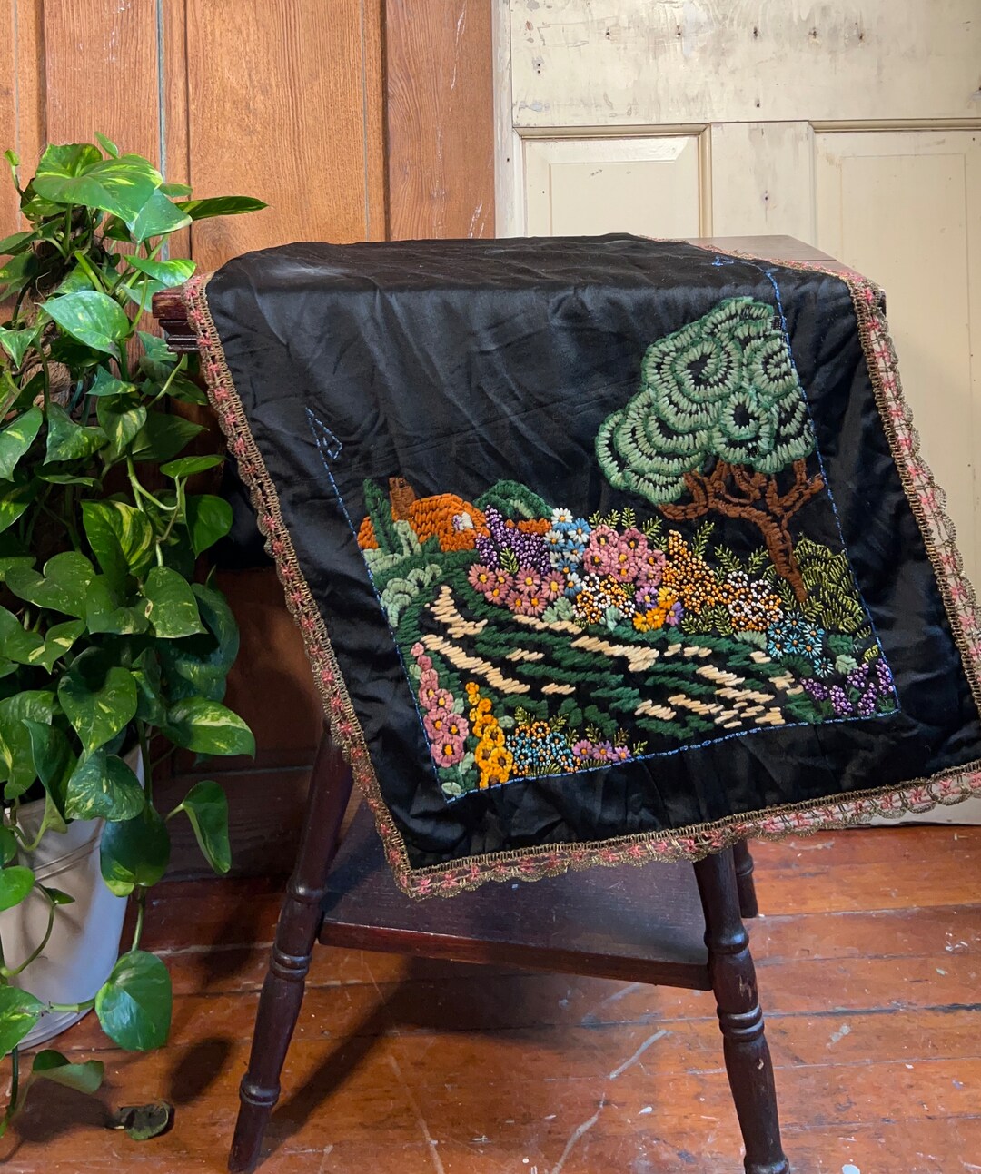 Vintage Black Crewel Embroidered Table Runner - Etsy