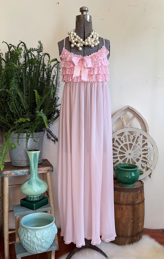 Vintage sheer pink nightgown, 1960s ruffled nightgown - Gem
