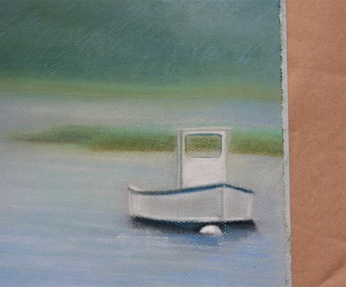 Boats in Early Morning Fog Pastel Drawing in Blue Green - Etsy