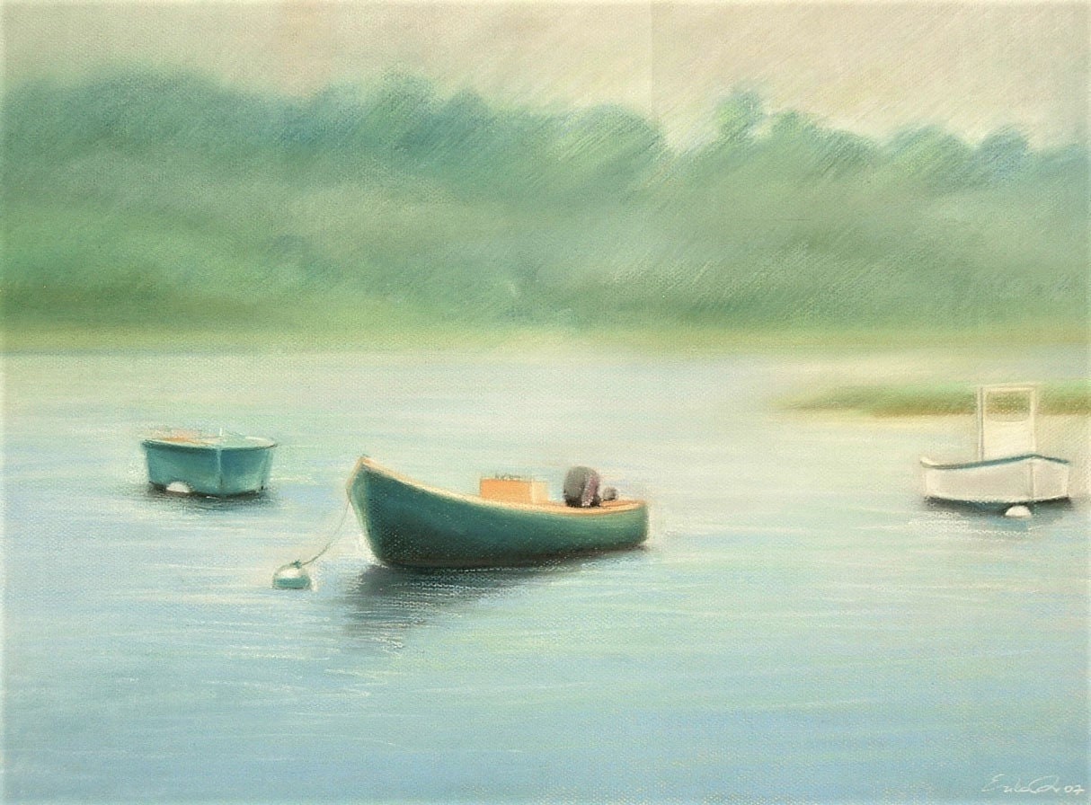 Boats in Early Morning Fog Pastel Drawing in Blue Green | Etsy