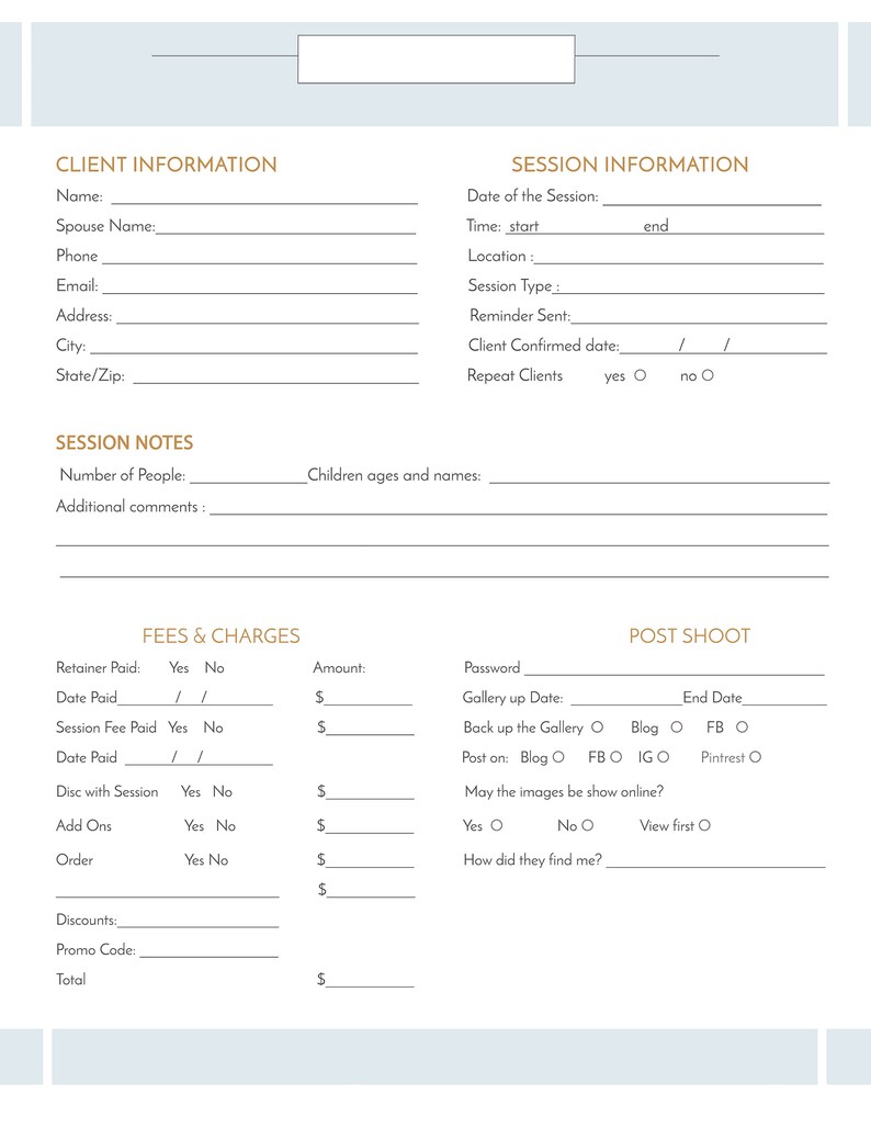 Photographers Form & Template - Session Forms - Editable and ...