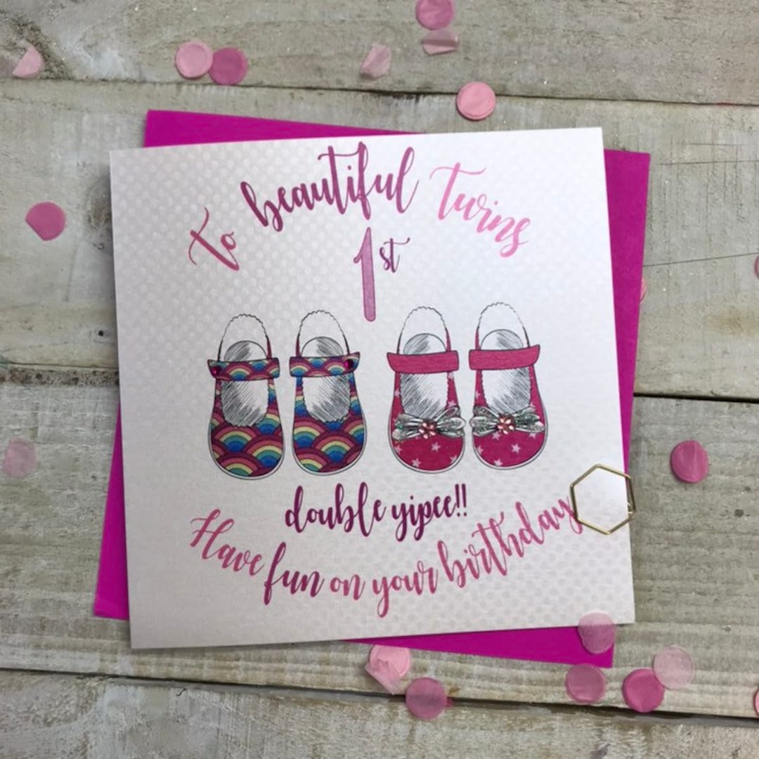 Twins 1st Birthday Card With Little Glittery Shoes (R35-1TW) 2 Little ...