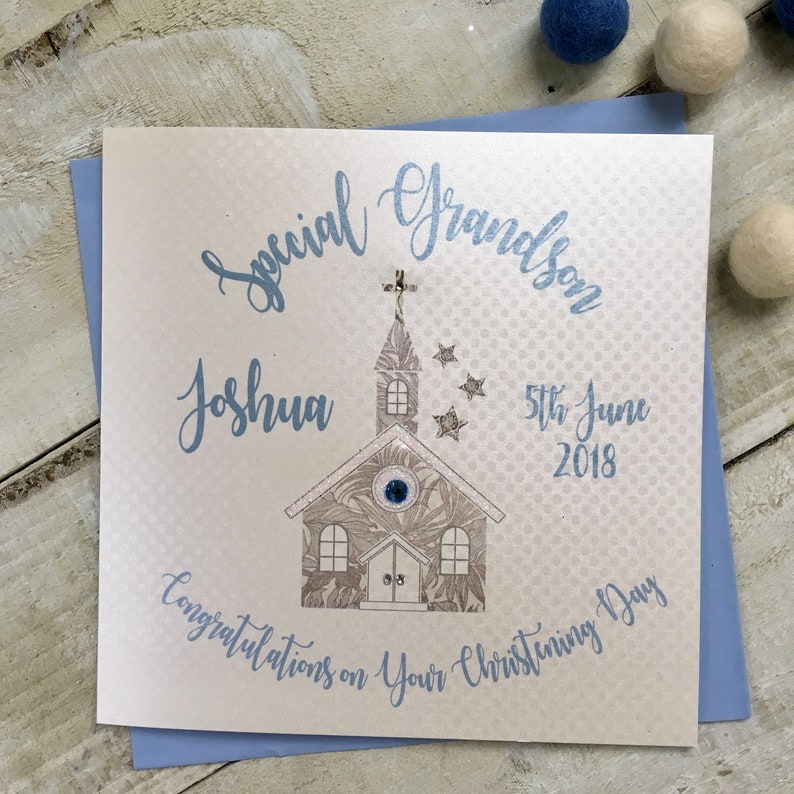 Godson Personalised Handmade Christening Card Blue Church - Etsy UK