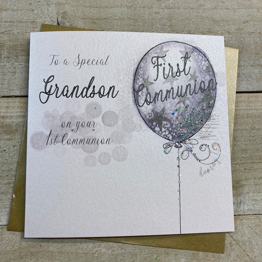 1st First Holy Communion Grandson Handmade Card - Silver Church or ...