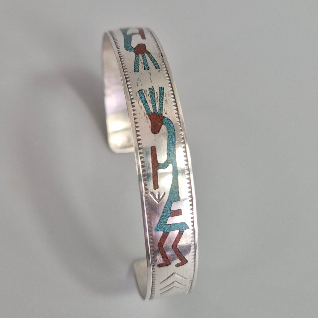 Native American Lawrence Baca Turquoise Coral Silver Cuff Bracelet ...