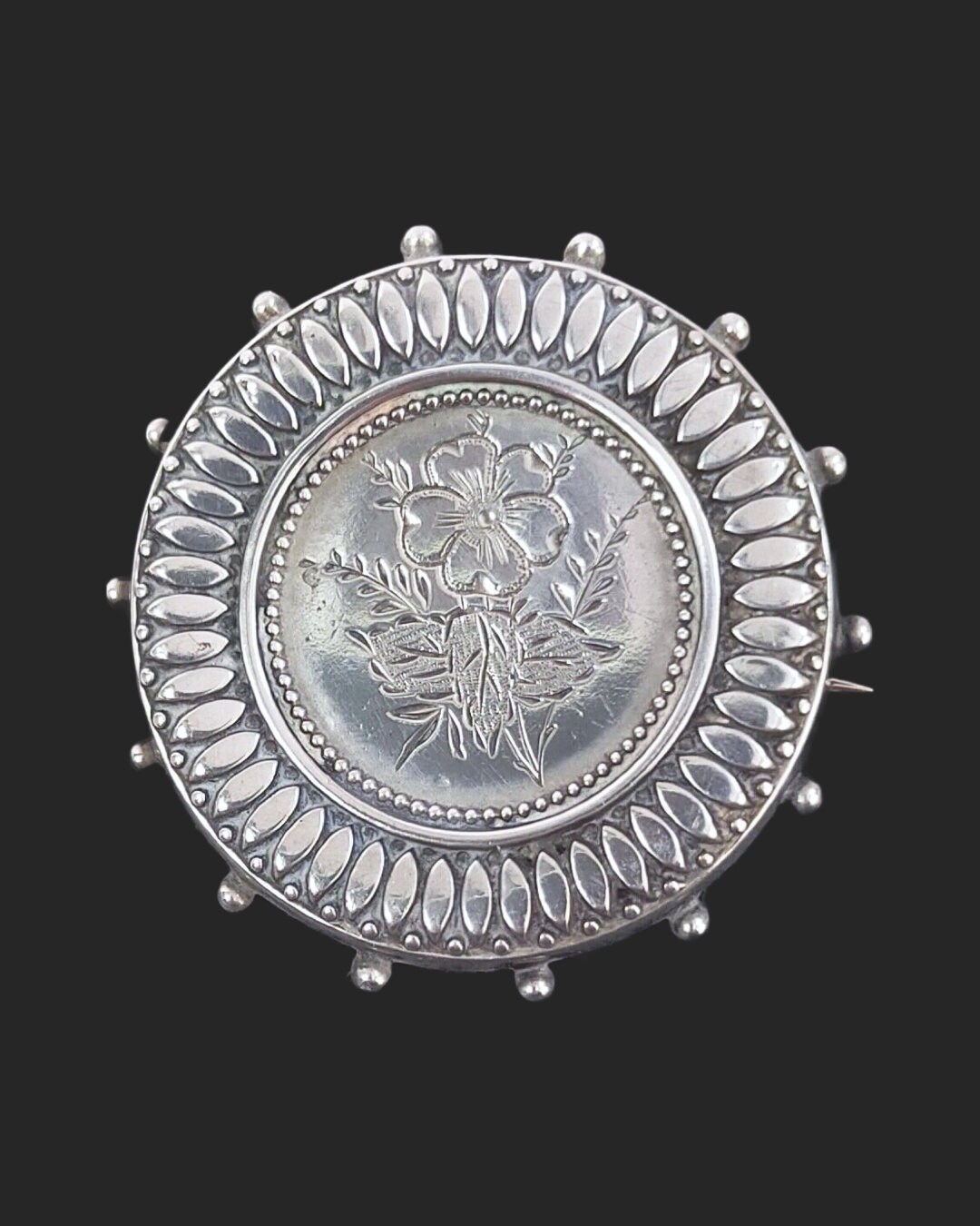 Antique Victorian Aesthetic Sterling Silver Brooch Round Floral C Clasp ...