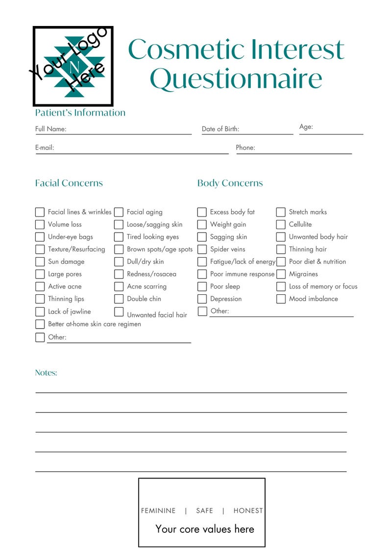 CANVA TEMPLATE Medspa Intake Form - Cosmetic Interest Questionnaire - Etsy