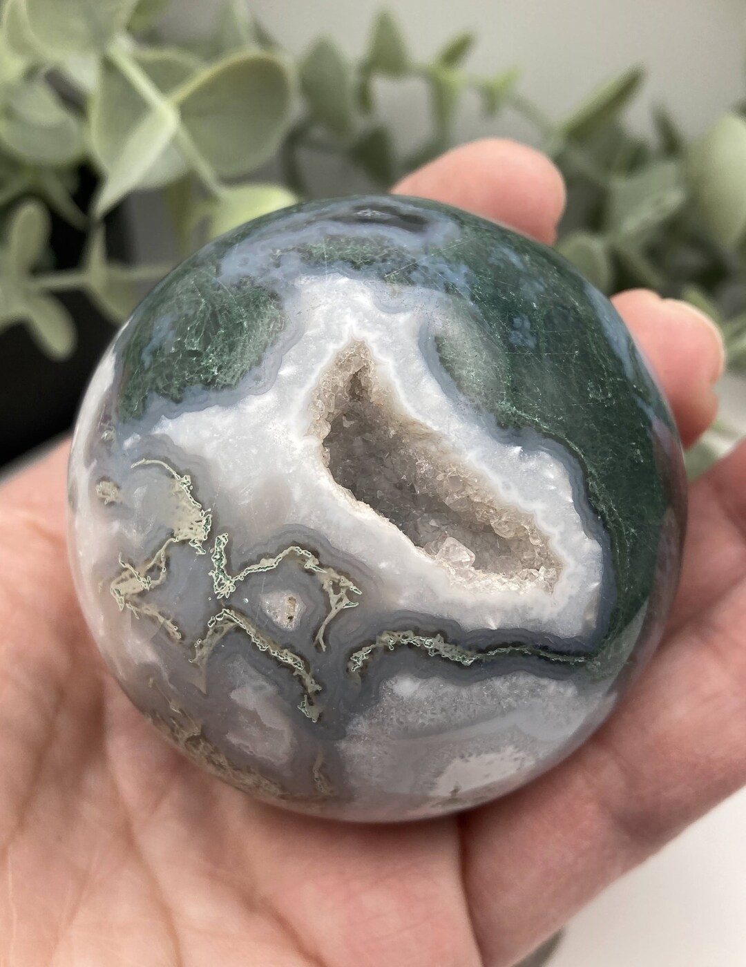 55mm Moss Agate Sphere With Druzy // Crystal Ball // Orb //healing ...