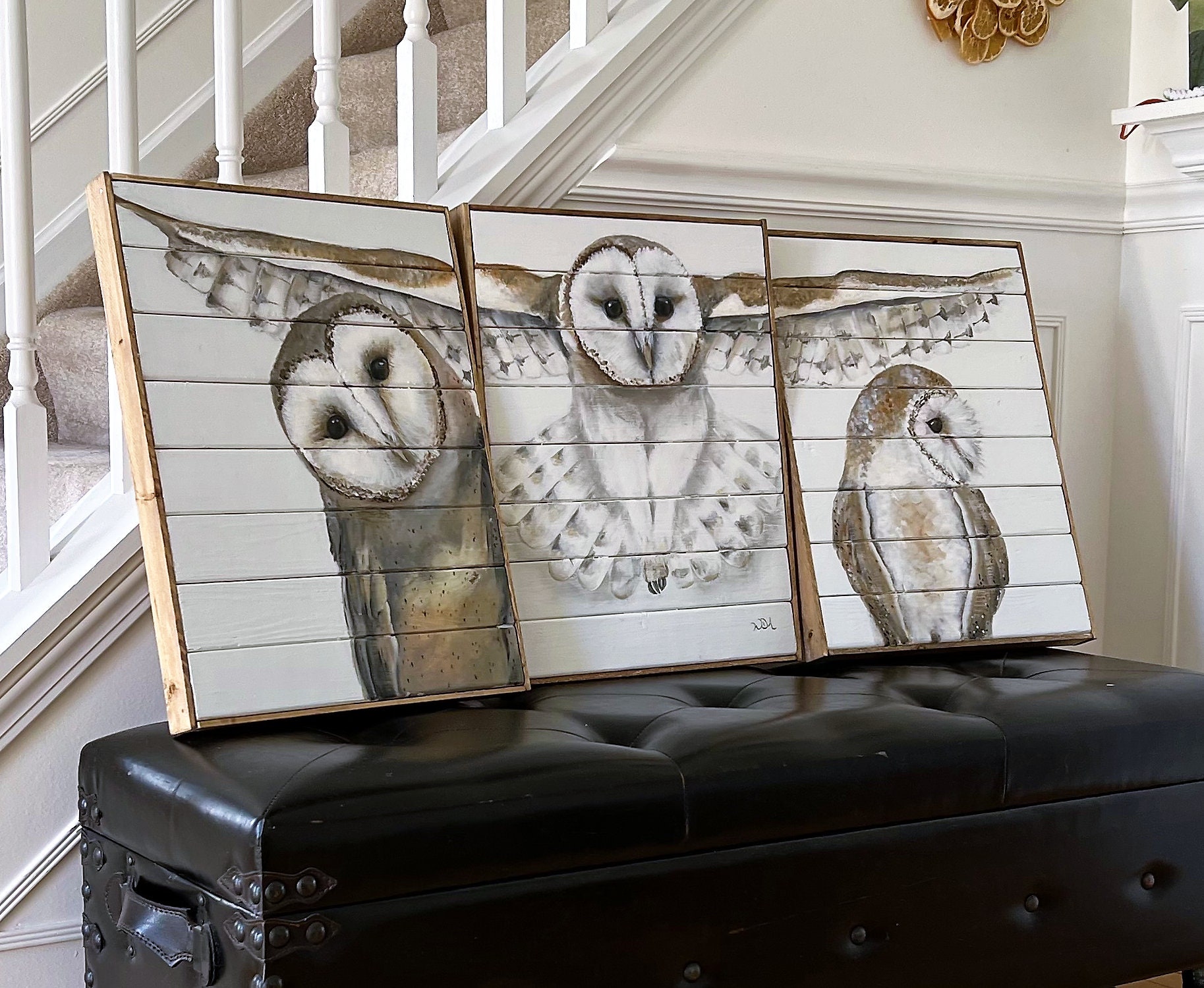 Framed Barn Owl Triptych, Original Acrylic Painting on Wood, Rustic ...