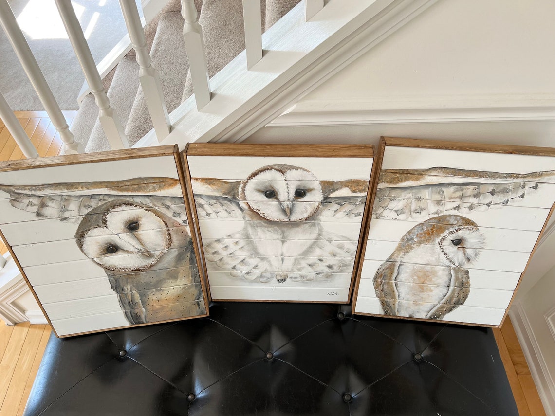 Framed Barn Owl Triptych, Original Acrylic Painting on Wood, Rustic ...