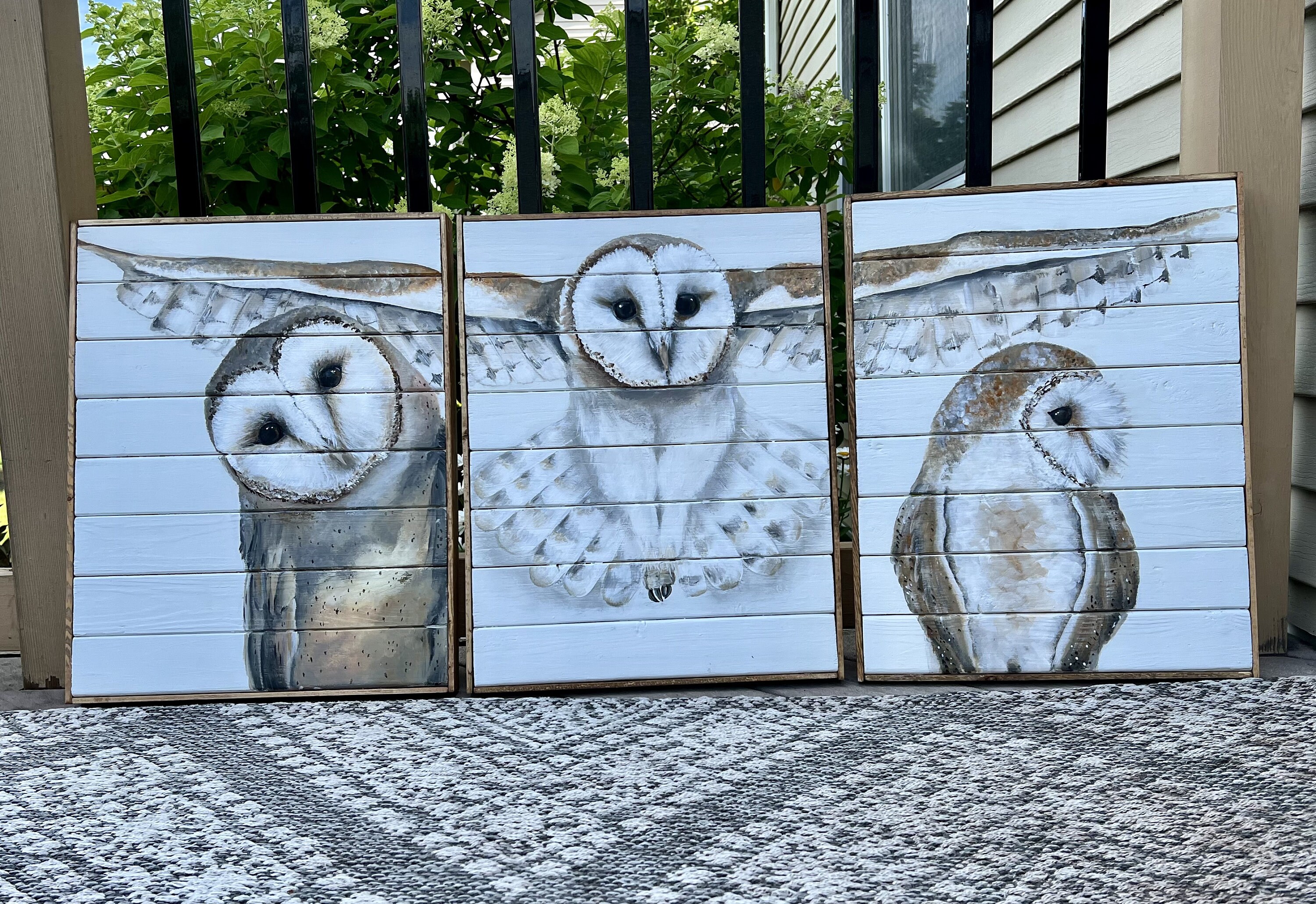 Framed Barn Owl Triptych, Original Acrylic Painting on Wood, Rustic ...