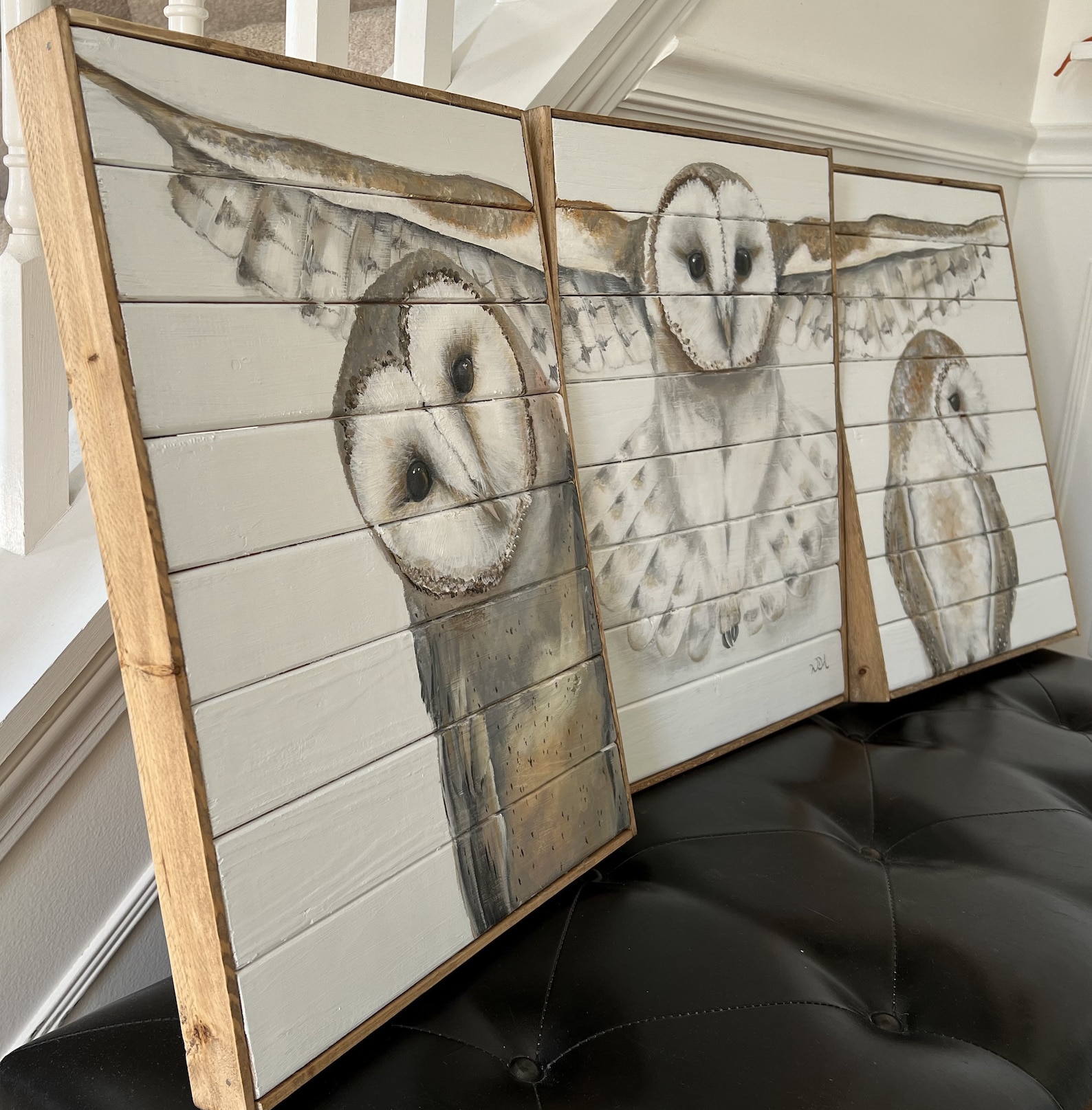 Framed Barn Owl Triptych, Original Acrylic Painting on Wood, Rustic ...