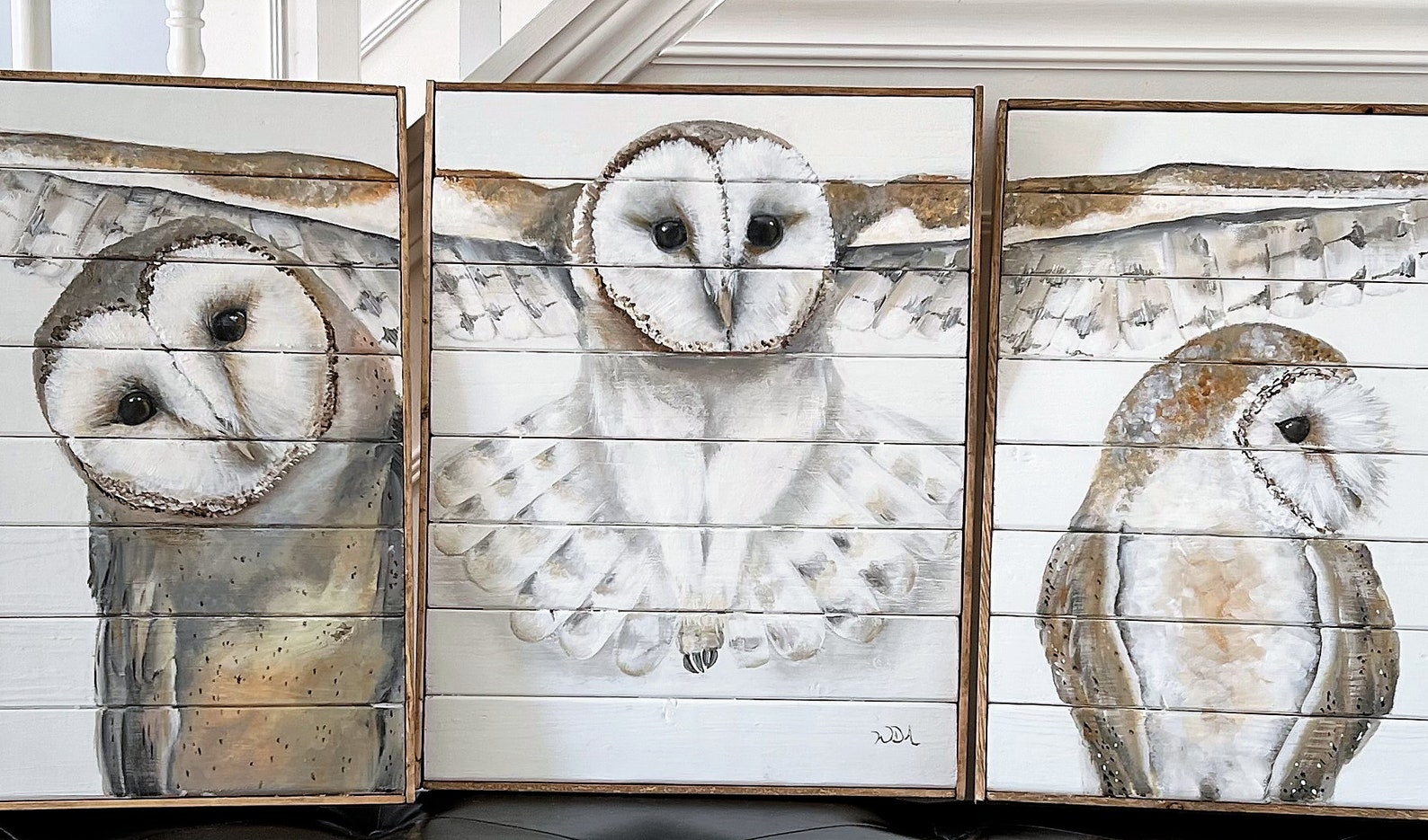 Framed Barn Owl Triptych, Original Acrylic Painting on Wood, Rustic ...