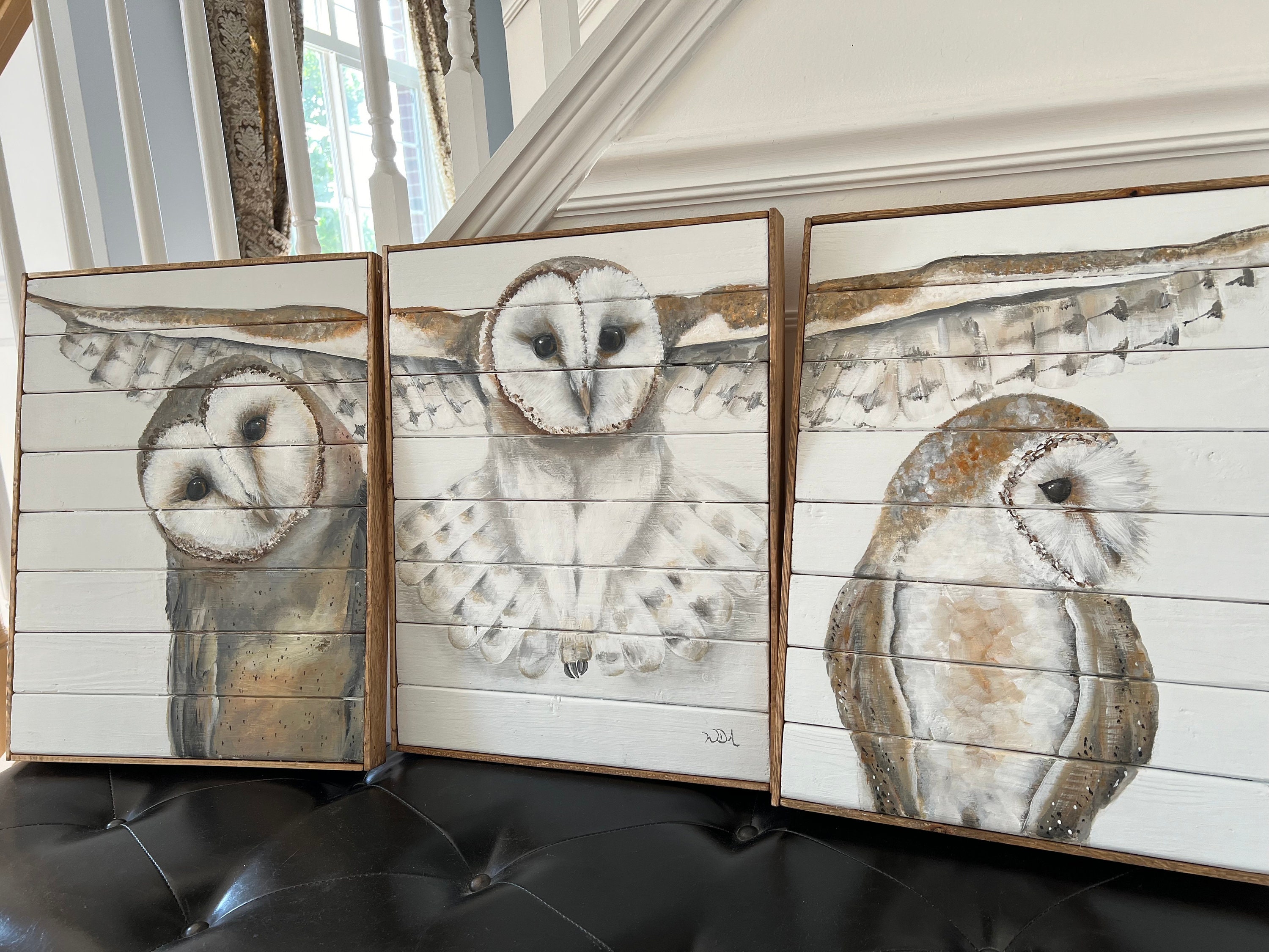 Framed Barn Owl Triptych, Original Acrylic Painting on Wood, Rustic ...