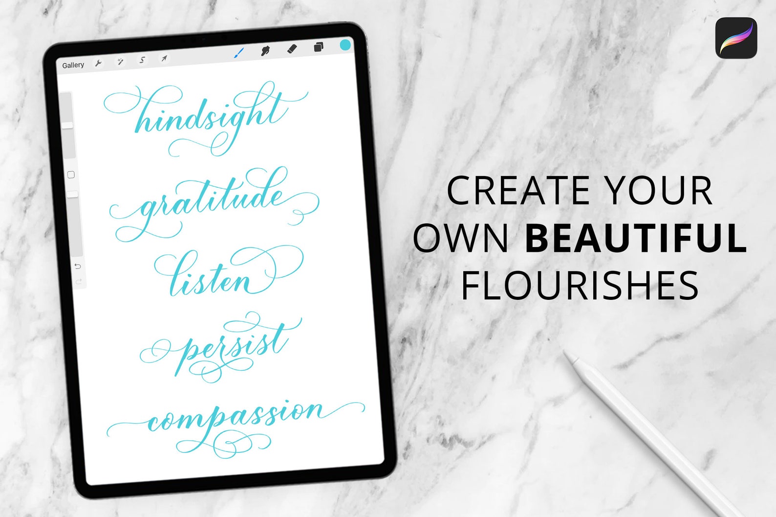 Procreate Workbook: Flourish Practice Inspirational Words | Etsy