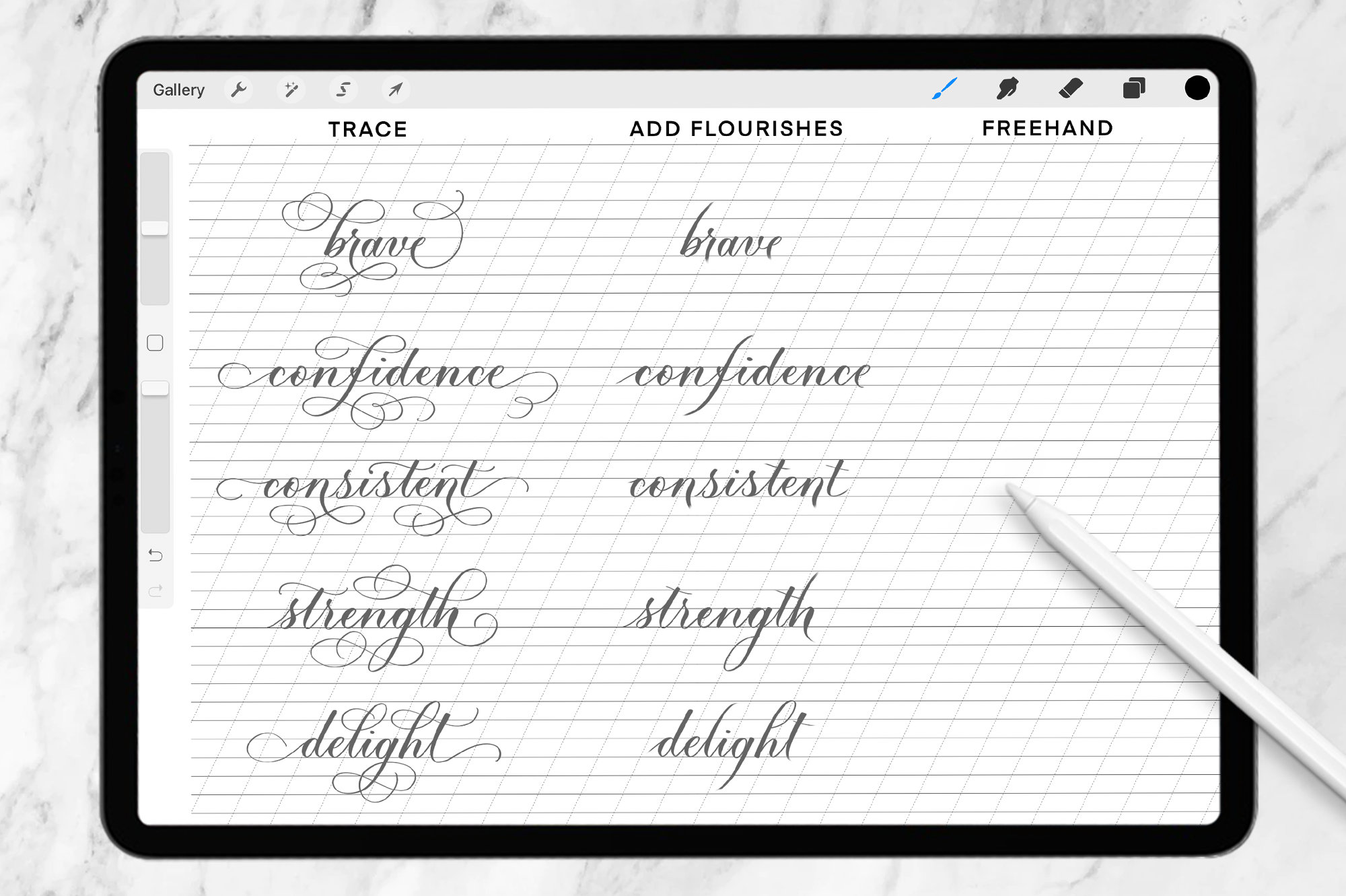 Procreate Workbook: Flourish Practice Inspirational Words | Etsy