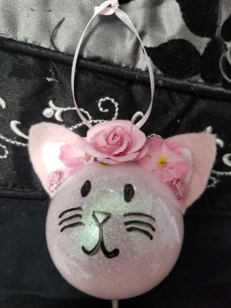 Handmade Glitter Cat Christmas Ornament, Floral Details - Etsy