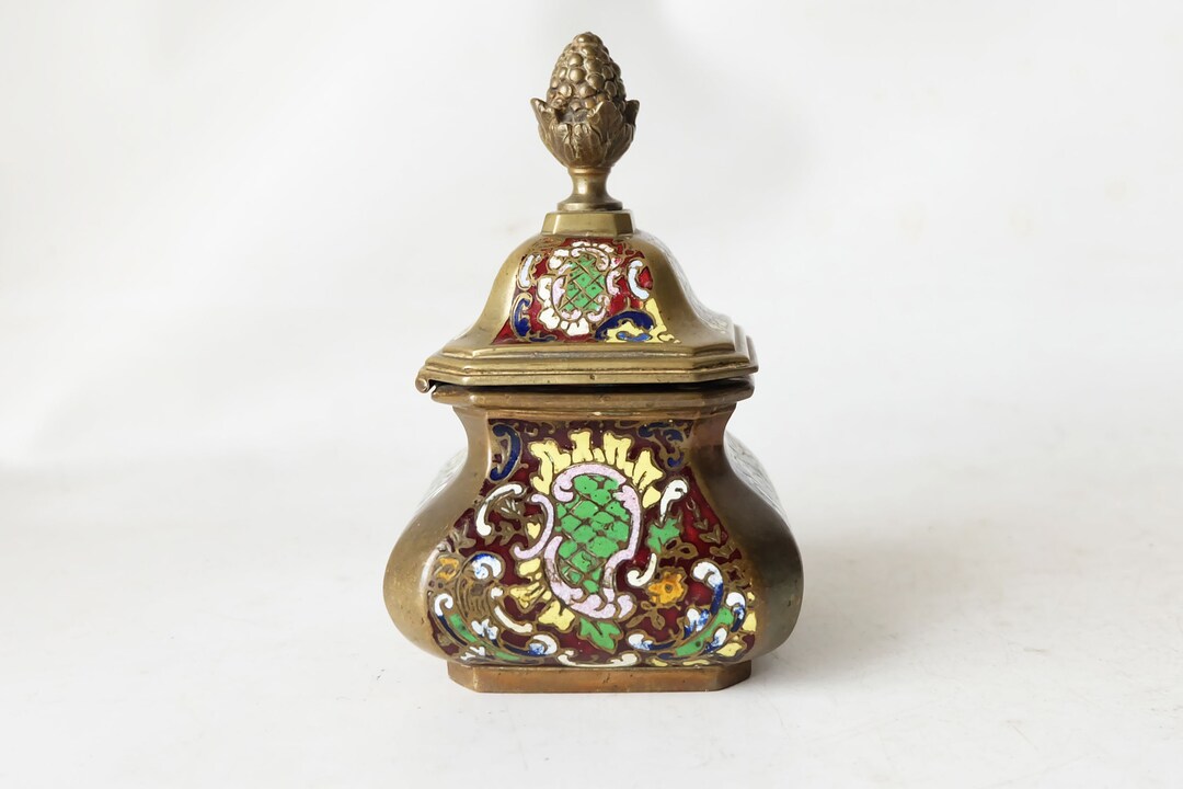 Antique French Cloisonné Enamel Inkwell With Original Porcelain Ink Pot ...
