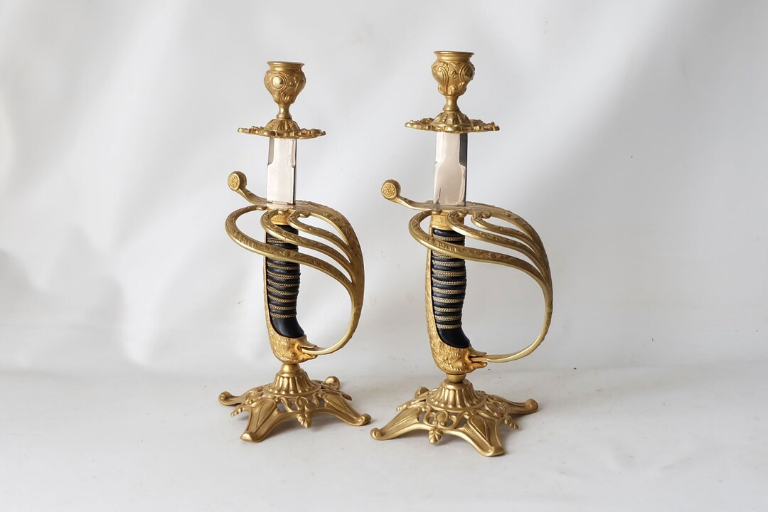 Very Decorative Pair of Unusual Midcentury Brass Sword Candle Sticks ...