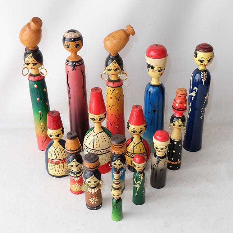 Collection of 15 Egyptian Wooden Handpainted Peg Dolls Folkart ...