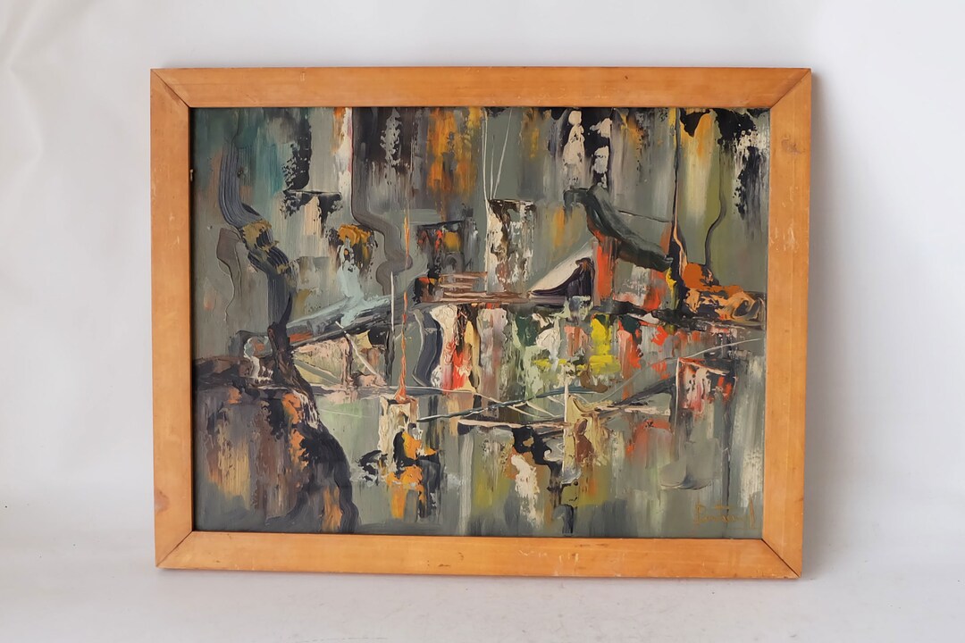 Midcentury Abstract Brutalist Painting Signed Bertrand. Oil on Canvas ...