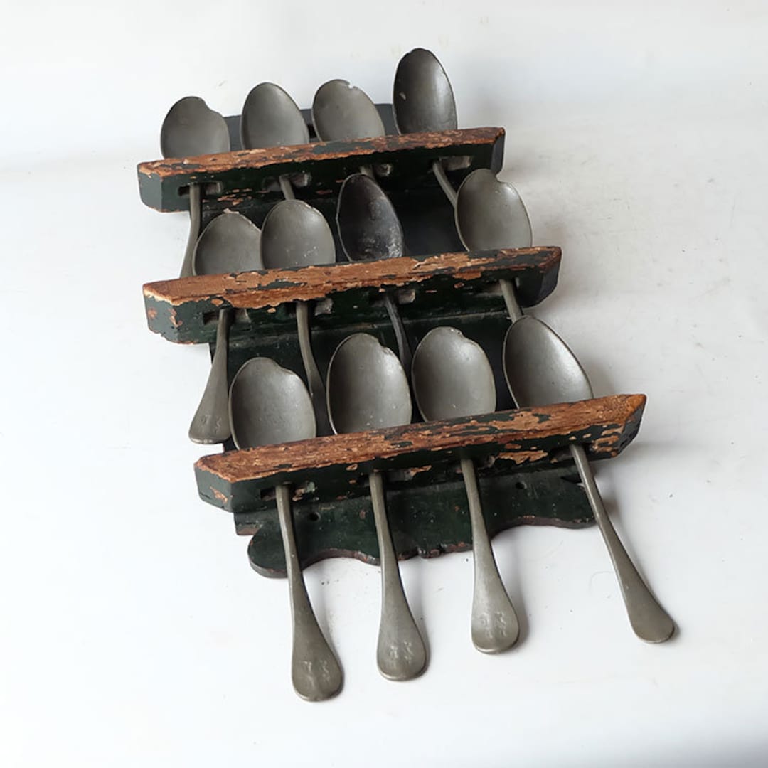 Antique Wooden Spoon Rack / Rest With 12 Antique Pewter Spoons. Period ...