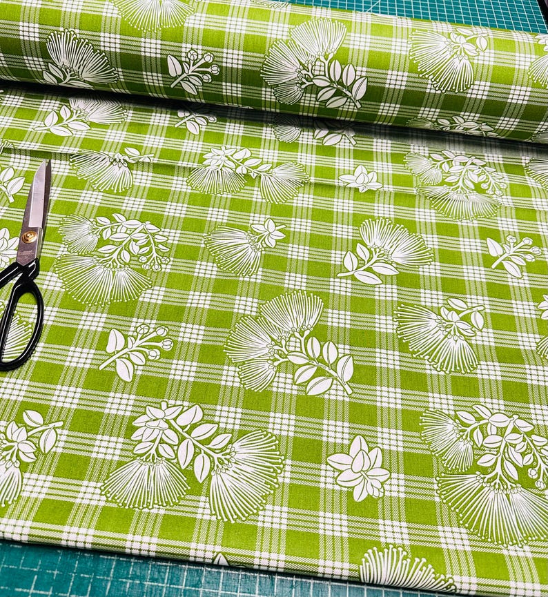 Cotton Sage Green White Printed Palaka With Lehua Flowers Liko Lehua ...