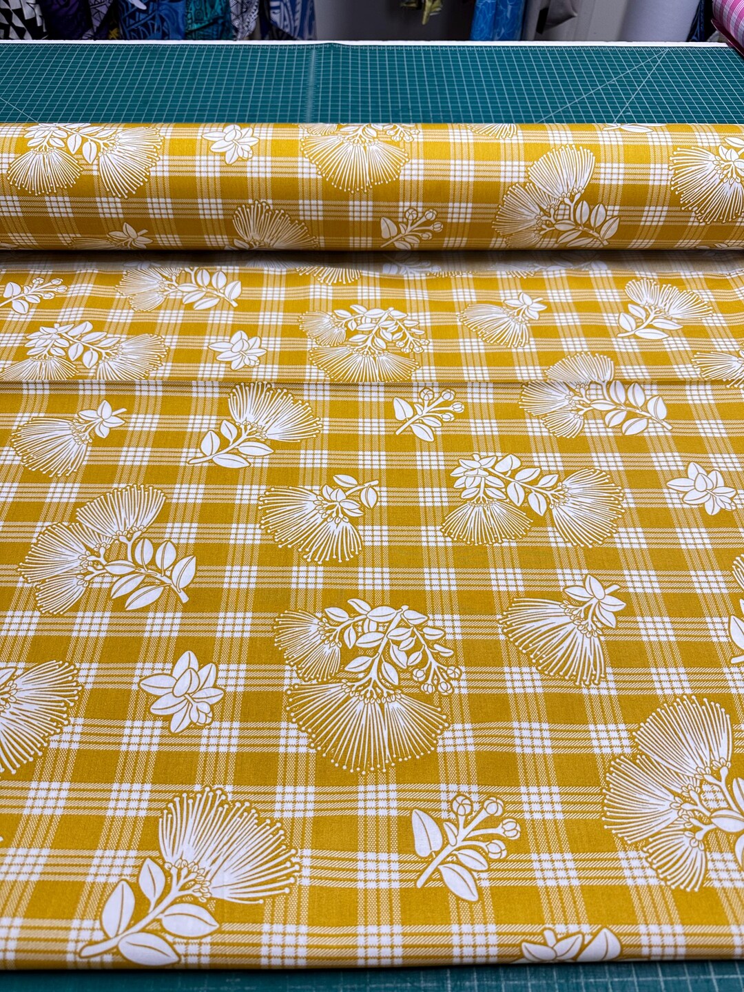 Cotton Mustard Gold White Printed Palaka With White Lehua Flowers Liko ...