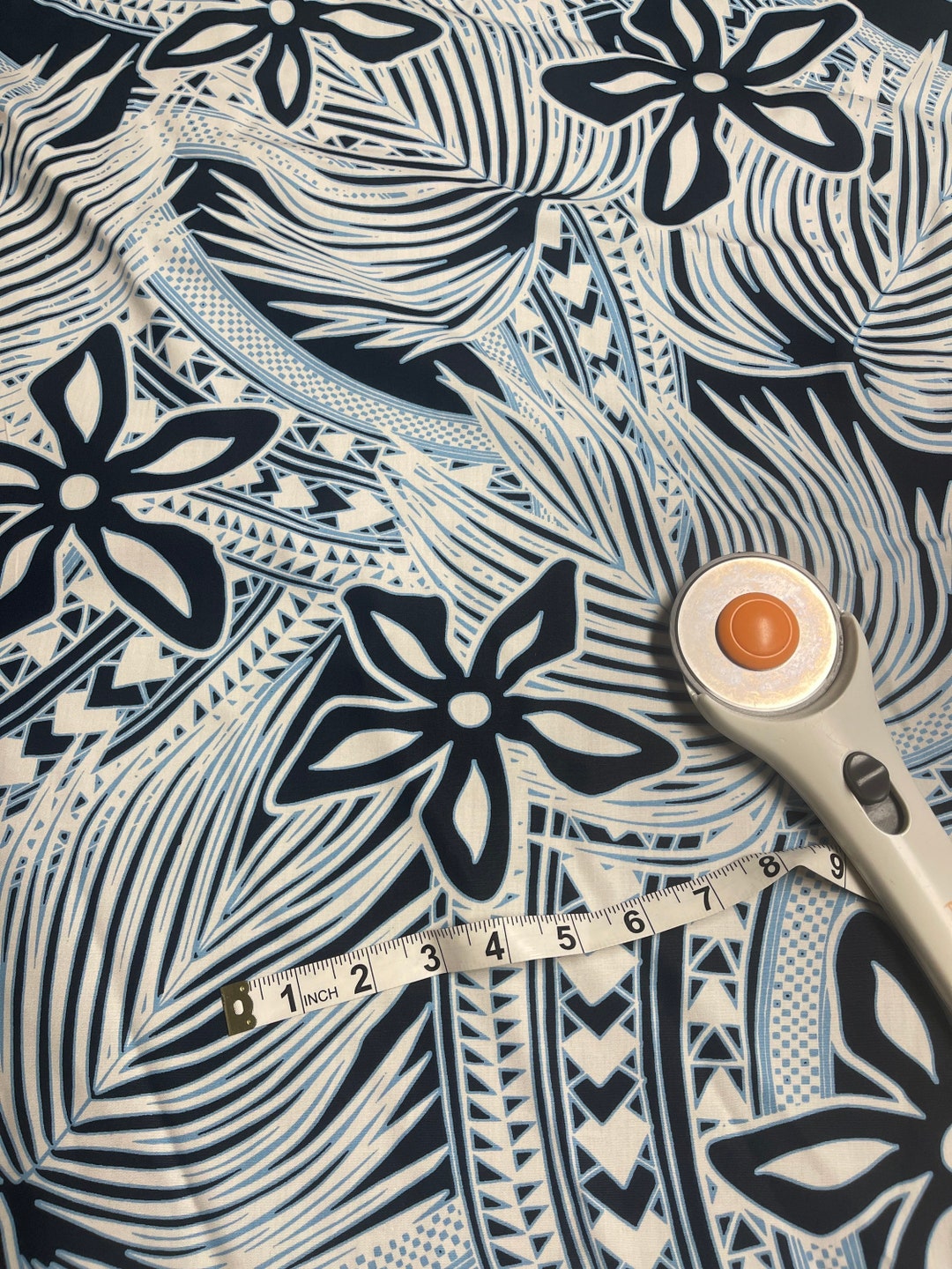 Hawaiian Print Tiare Palm Leaf Tattoo Tribal in Blue Black and White ...