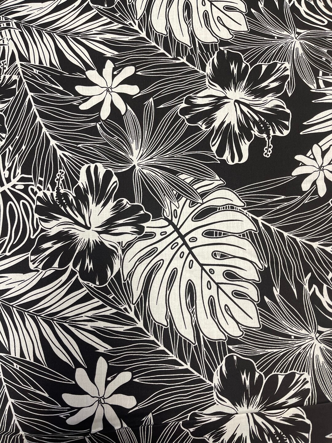 Black Egg Shell White Tiare Monstera Fern Hawaiian Print Fabric Sold by ...