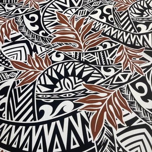 Hawaii Print Black Tattoo Tribal Fabric With Brown Lauae Leaf on White ...