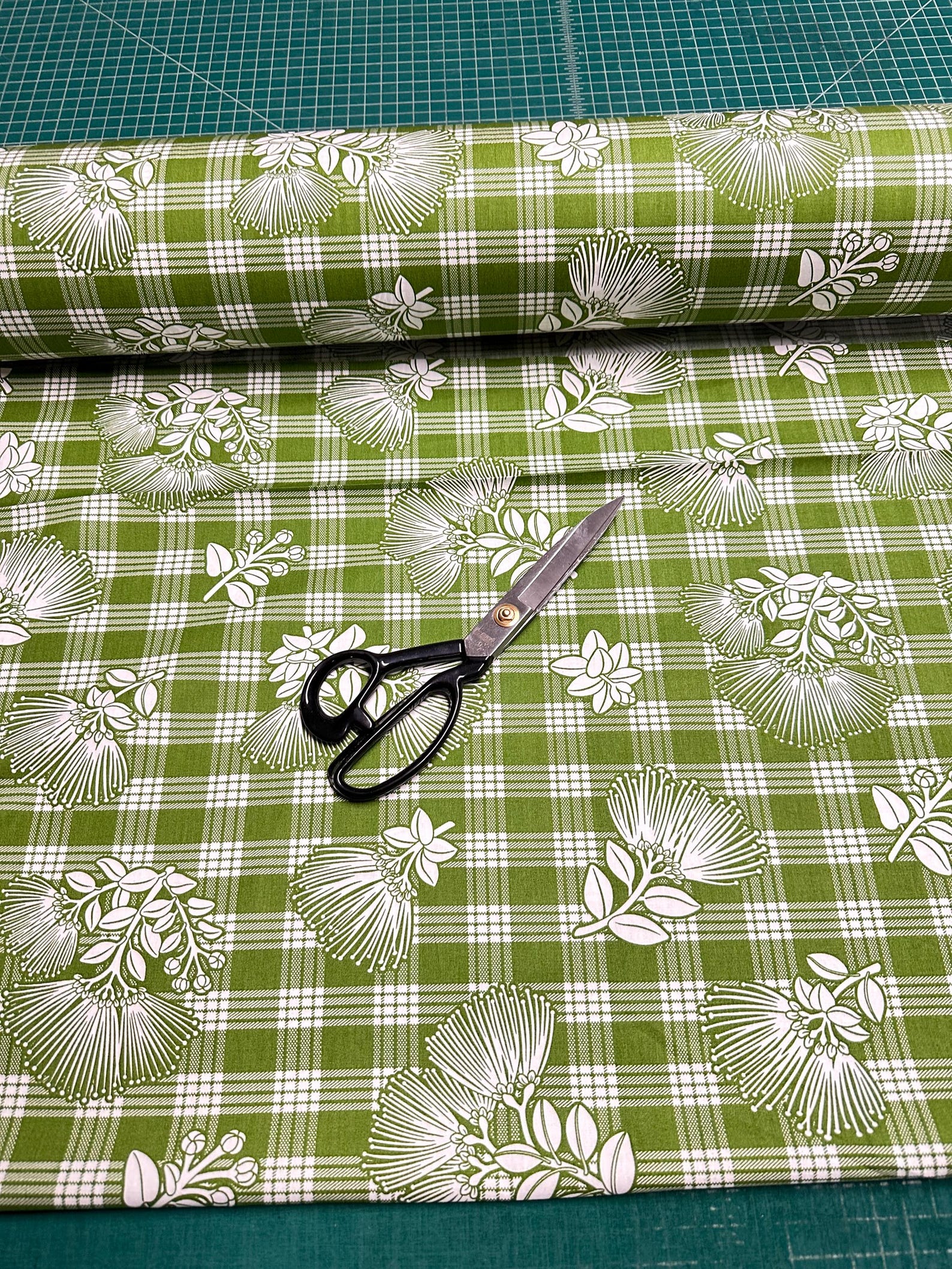 Cotton Sage Green White Printed Palaka With Lehua Flowers Liko Lehua ...