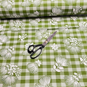 Cotton Sage Green White Printed Palaka With Lehua Flowers Liko Lehua ...