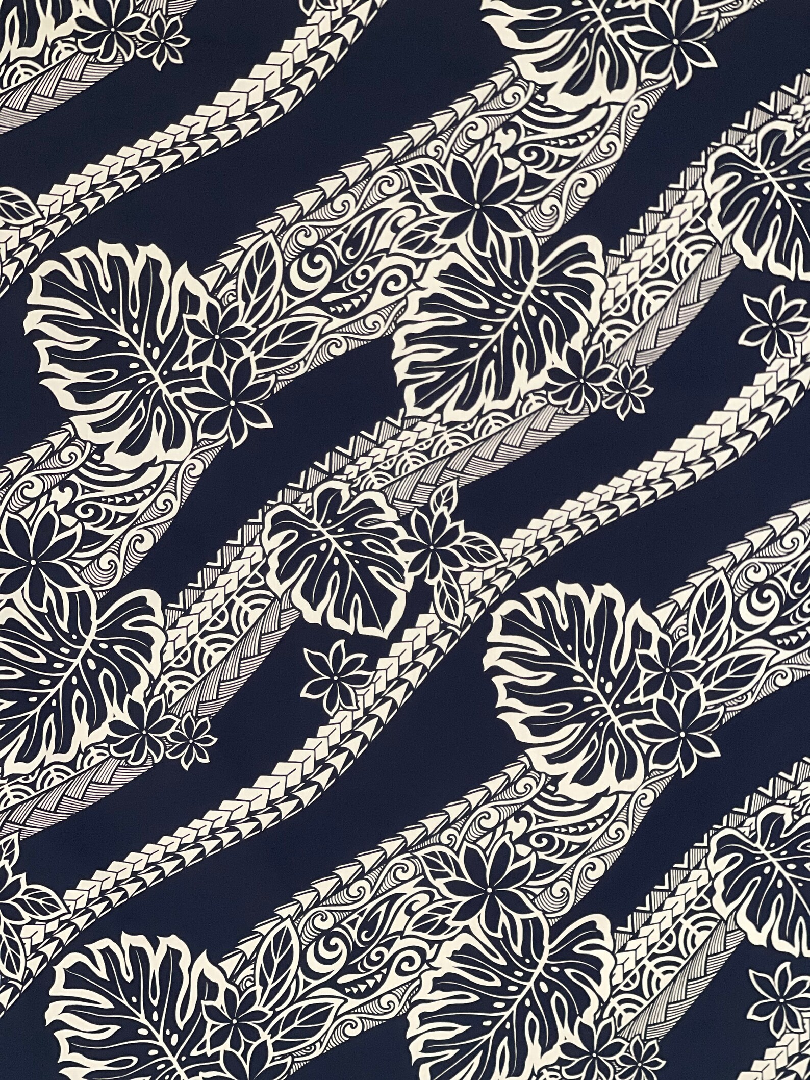 Navy Blue With White Tribal Tiare Hawaiian Print Fabric Sold by the ...