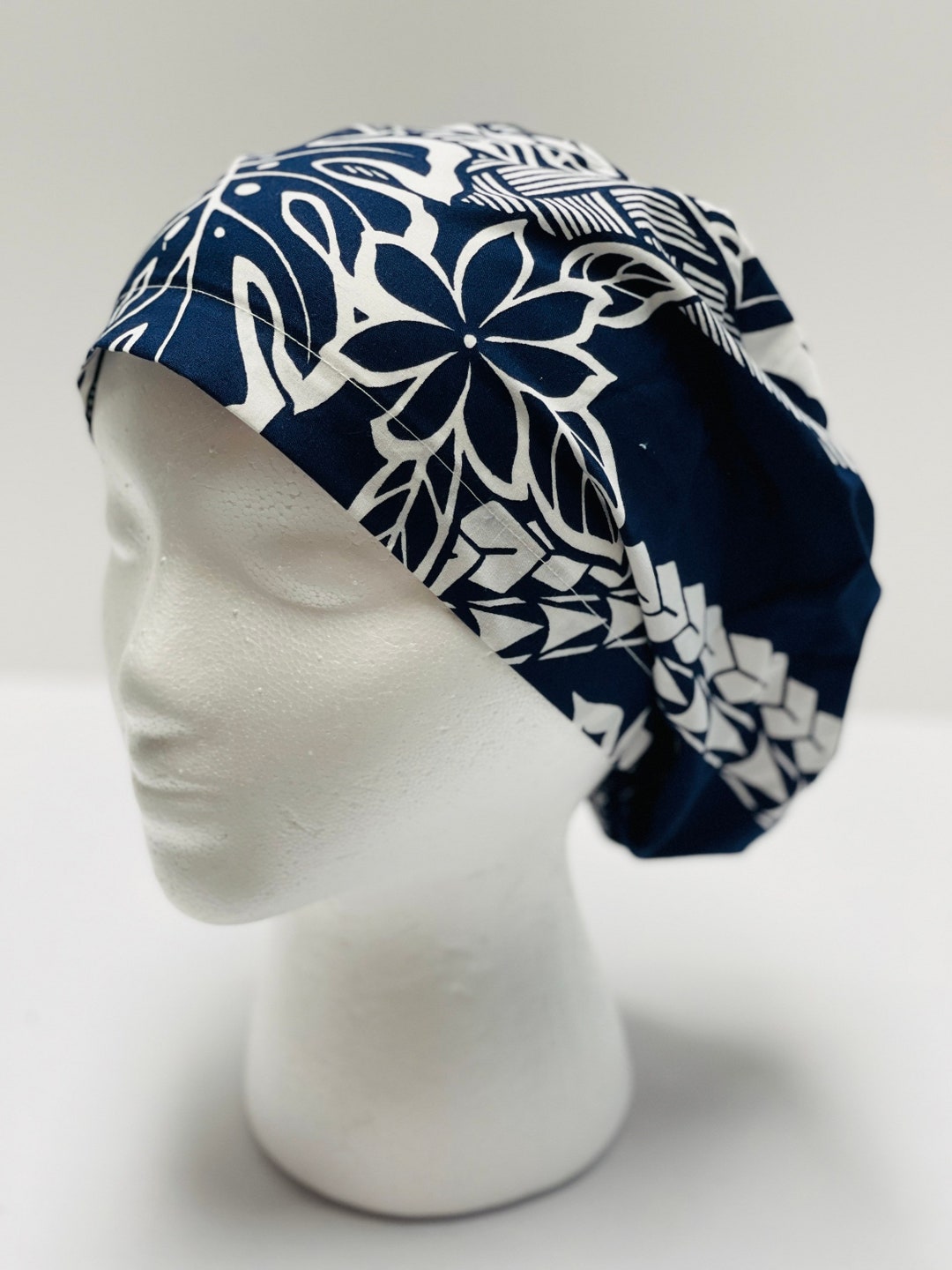 Nurses Cap Navy Blue Tiare Monstera Tribal With White Hawaiian Print ...