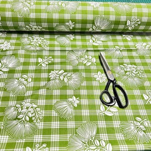 Cotton Sage Green White Printed Palaka With Lehua Flowers Liko Lehua ...