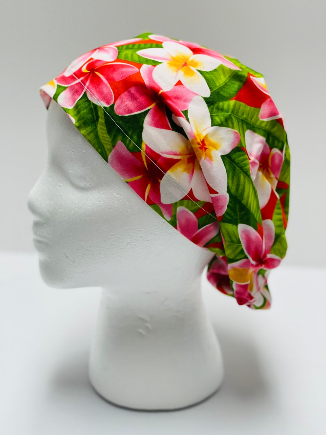 Nurses Cap Pink White Plumeria on Red Hawaiian Print Adjustable Euro ...