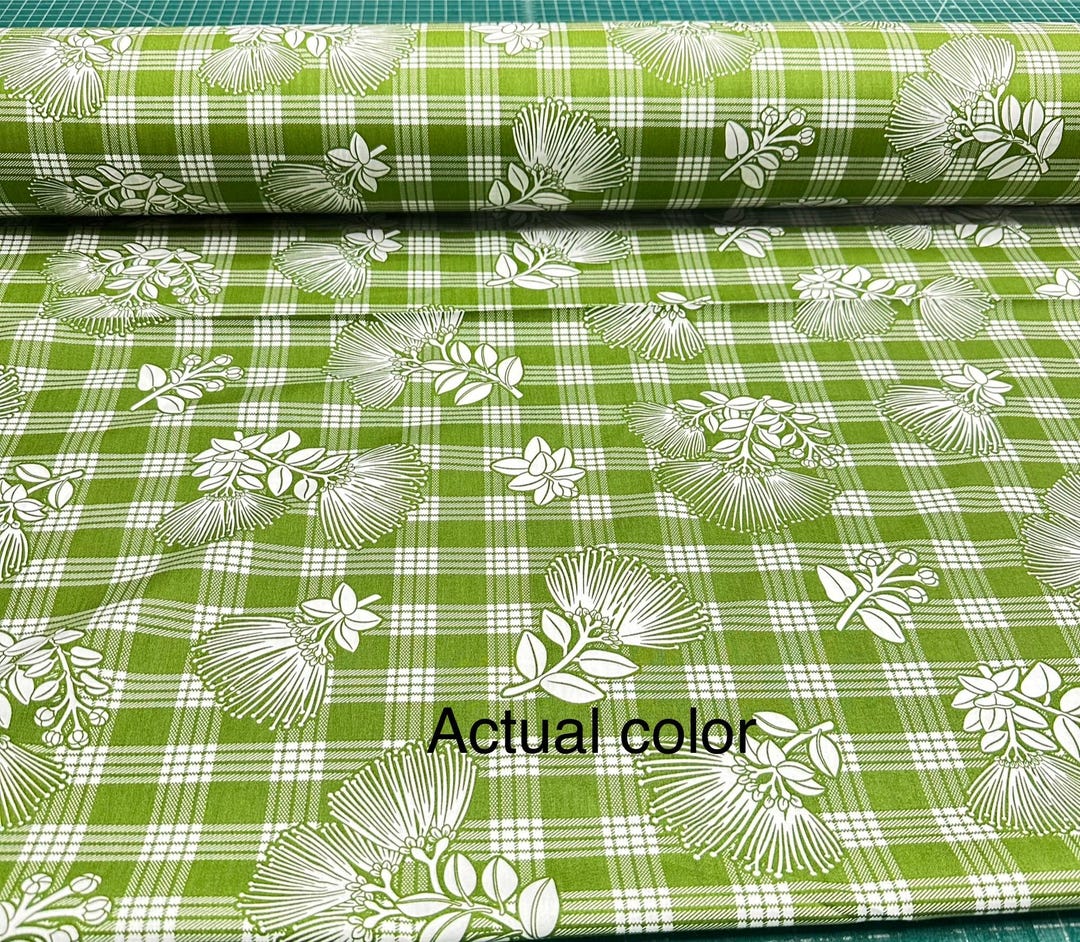 Cotton Sage Green White Printed Palaka With Lehua Flowers Liko Lehua ...