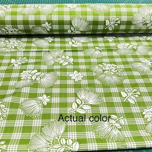 Cotton Sage Green White Printed Palaka With Lehua Flowers Liko Lehua ...