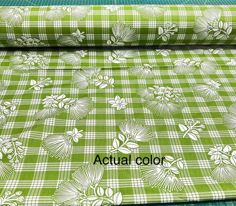 Cotton Sage Green White Printed Palaka With Lehua Flowers Liko Lehua ...