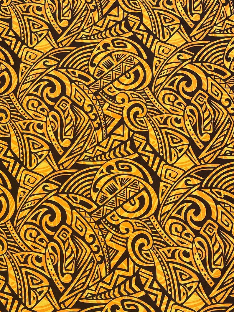 Orange Yellow Tribal With Black Tribal Hawaiian Print Fabric Sold by ...