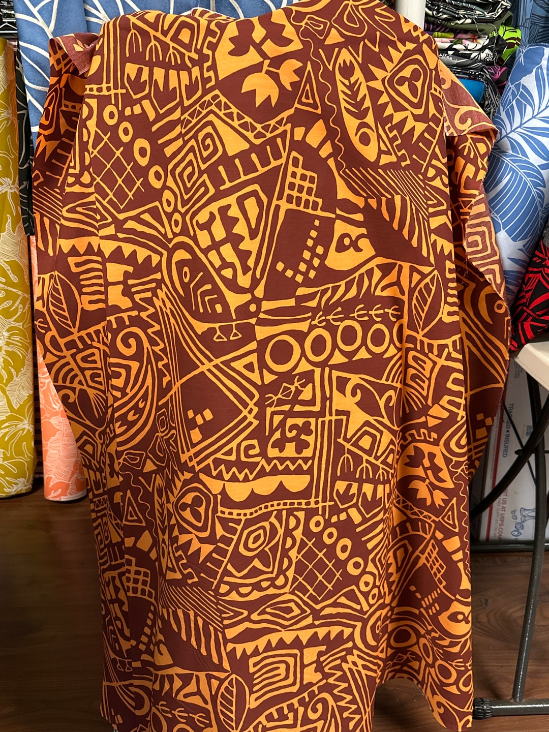 Dark Brown Orange Māori Polynesian Tattoo Tribal Cotton Fabric by the ...