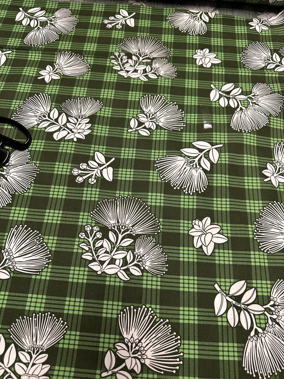 Cotton Dark Green Lime Green Printed Palaka With White Lehua Flowers ...