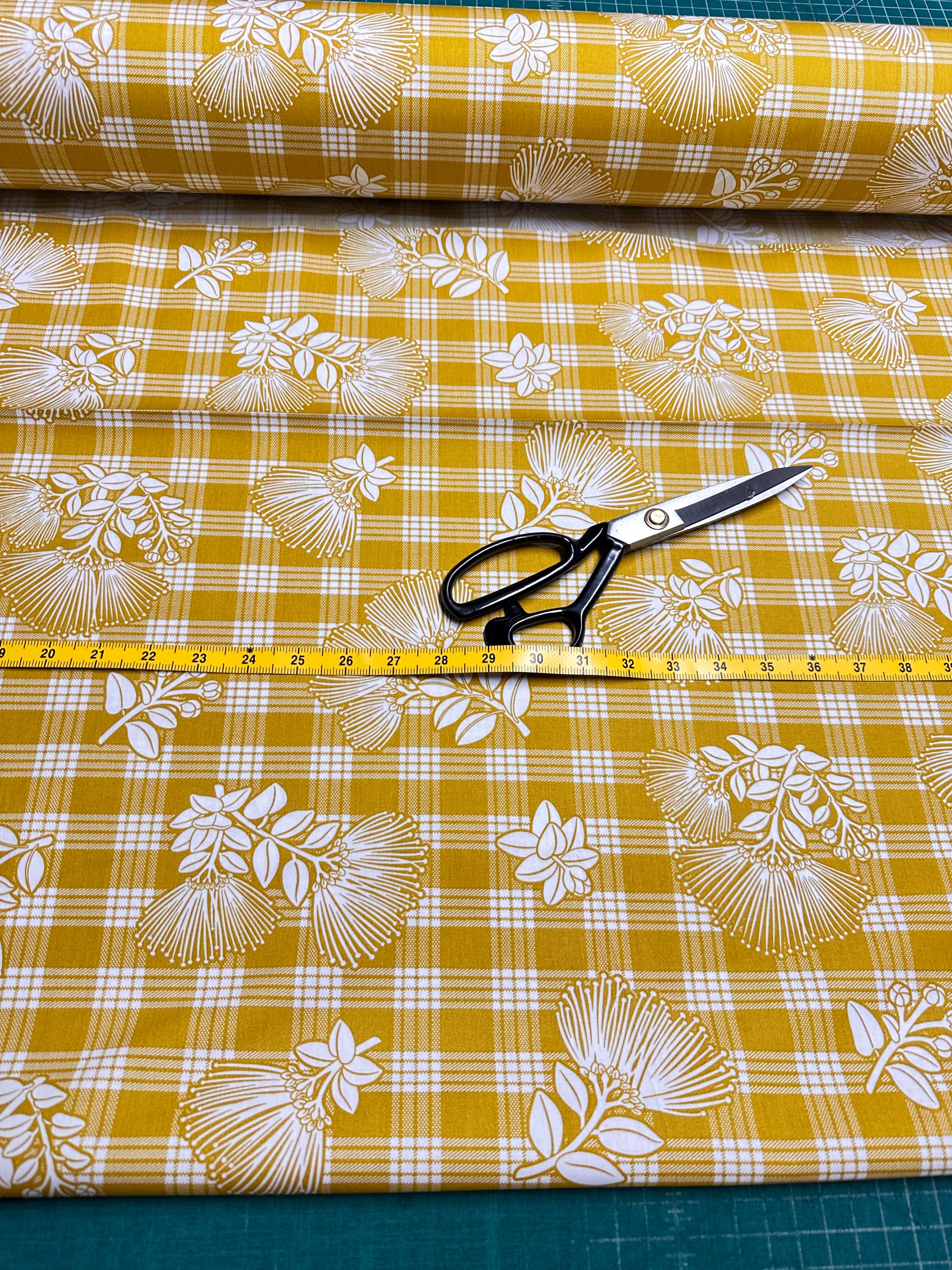 Cotton Mustard Gold White Printed Palaka With White Lehua Flowers Liko ...