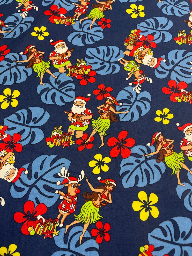 New! Hawaiian Hula Girl and Christmas Santa With Monstera on Navy Blue ...