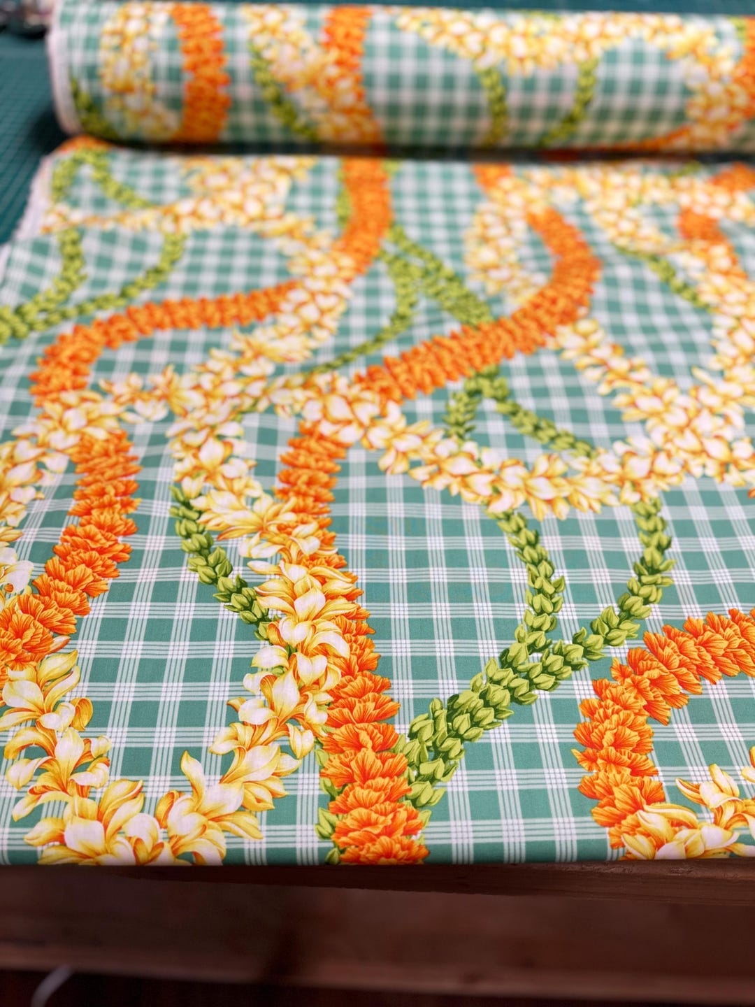 Cotton Sea Green Printed Palaka With Yellow Ginger Orange Ilima Green ...